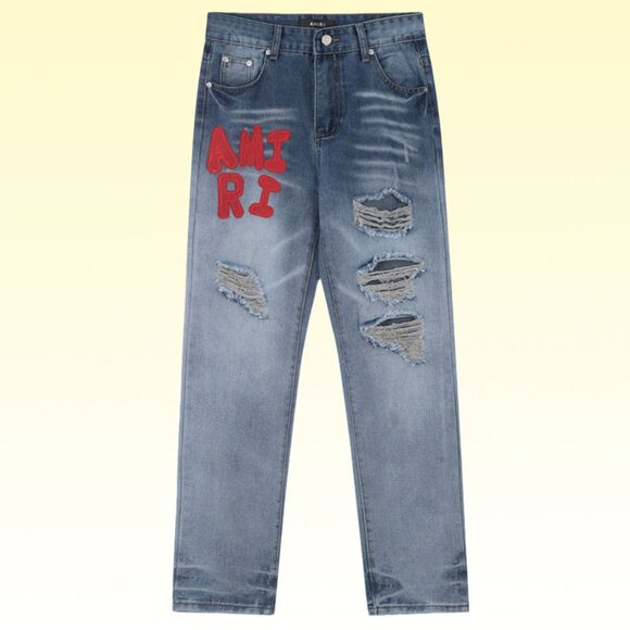 AMIRI | Jeans | Amiri Red Patch Letter Print Ripped Line Jeans | Poshmark